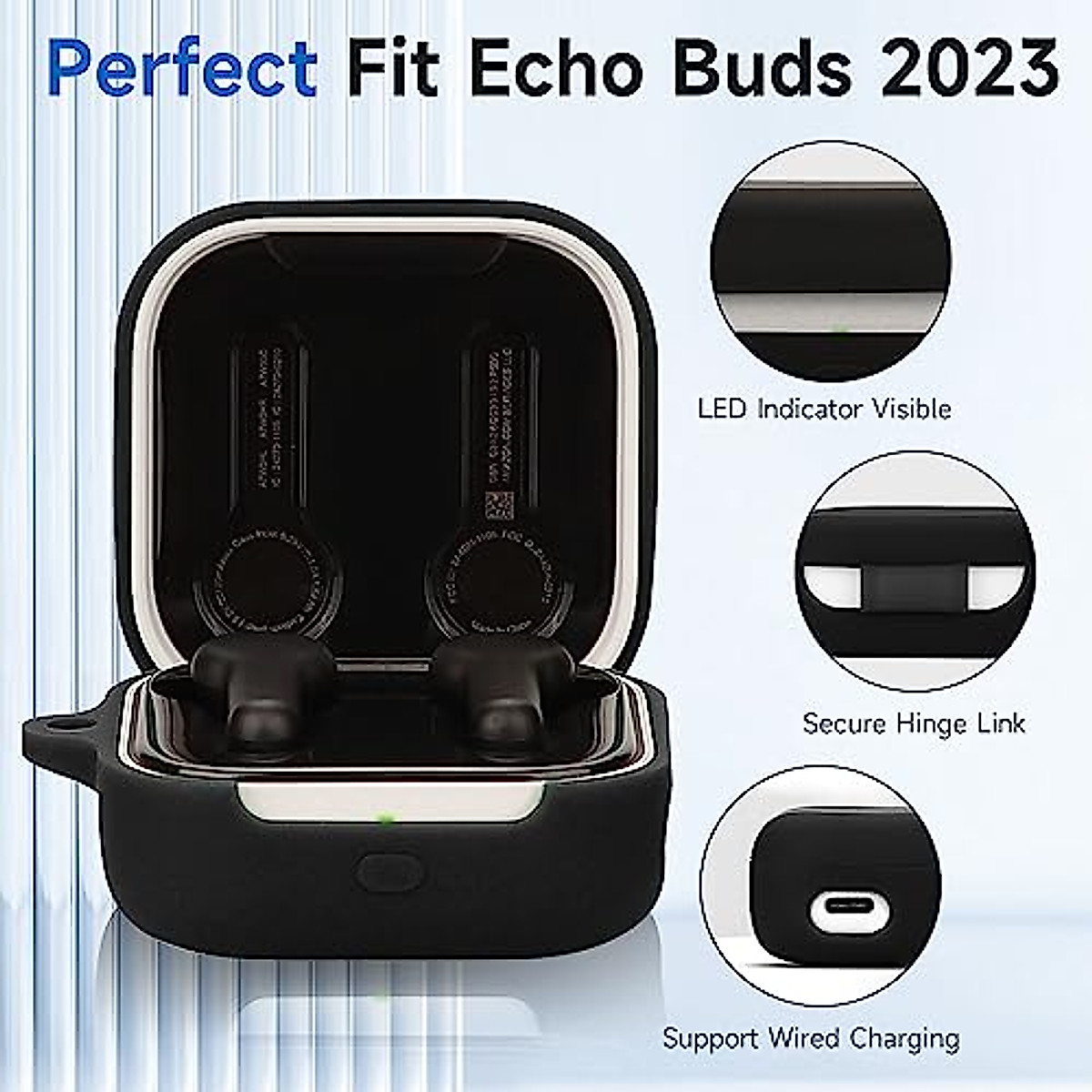 LDSXAY Compatible with Echo Buds 2023 Case Cover, Soft Silicone Shockproof Protective Case Skin for All-New Echo Buds (2023 Release) Charging Case with Carabiner, Front LED Visible (Black)