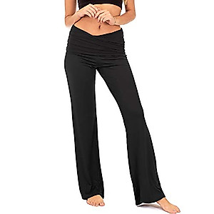 DEAR SPARKLE Fold Over Yoga Stretch Pants for Women | High Waist Bootleg Loungewear Pant + Plus Size (P8) (Black, Small)