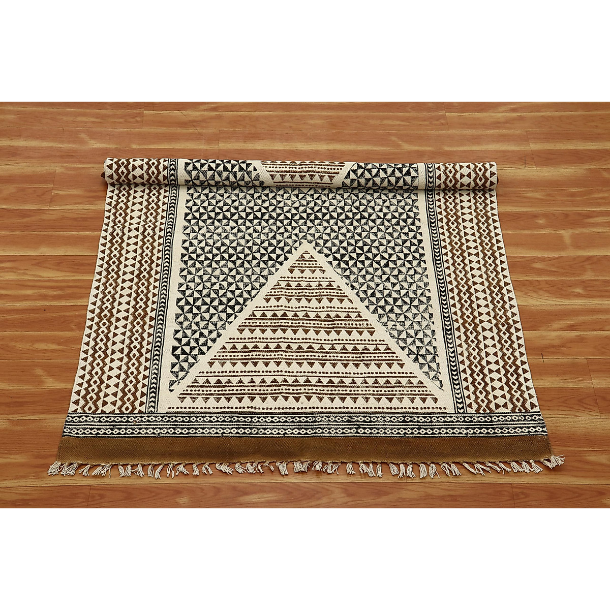 CASAVANI Collection Runner - 5x10 Area Rug Black & Brown Cotton Dhurrie Geometric Kilim Rug Indoor Outdoor Use Carpet Flatweave Rugs for Home & Foyer Corridor Hallway & Stair Runner