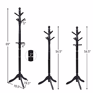 Tangkula Wood Coat Rack Freestanding, Entryway Height Adjustable Coat Stand with 9 Hooks & Stable Tri-Legged Base, Rubber Wood Coat Tree Hall Tree Coat Hanger Stand for Home Office Hall Entryway