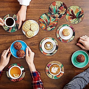 8 Pcs Painted Leaves Diamond Art Painting Coasters Kits with Holder DIY Leaves Diamond Art Coaster Non Slip Coaster for Adults Diamond Painting Kits Supplies