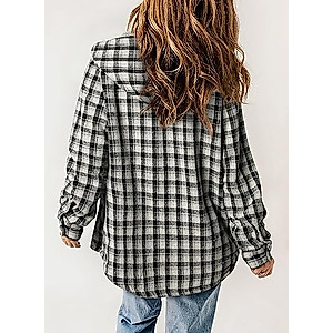 Dokotoo Womens Winter Plaid Jackets for Women Fashion Fall Button Down Long Sleeve Sherpa Shacket Jacket Women Fleece Hooded Coats Outerwear Oversized Flannel Shirts for Women with Pockets Black S