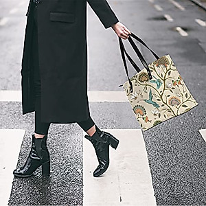 Ethnic Flower Shoulder Tote Bag for Women Girls, Leather Handle Bag Durable Hummingbird Latop Tote Bag With Zipper Pocketfor School Work Travel