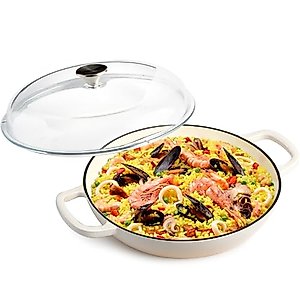 NUTRIUPS 3.6 Quart Braiser Enameled Cast Iron Dutch Oven Pot with High Borosilicate Glass Lid, Dutch Oven/Casserole Cast Iron Non Stick Larger Handle (Beige + White)