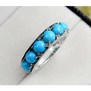 5 MM Round Cabochon Natural Sleeping Beauty Turquoise Gemstone 925 Sterling Silver December Birthstone Cluster Unisex Proposal Ring For Girlfriend Gift (Rhodium Plated Silver, 9.5)