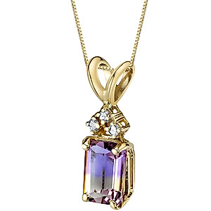 PEORA Solid 14K Yellow Gold Ametrine with Diamonds Pendant for Women, Genuine Gemstone Solitaire, Emerald Cut, 7x5mm, 1 Carat total