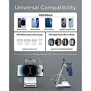 Magnetic Charging Station,Hohosb 3 in 1 Foldable Zinc Alloy Wireless Charger Stand[Compatible with Magsafe Charger] for iPhone 15/14/13/12 Series, AirPods Pro/3/2,Apple Watch/iWatch-White