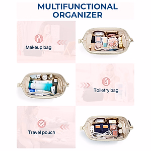 BAGSMART Makeup Bag Cosmetic Bag Wide Open, Beige, M, Wide-open Travel Makeup Bag With Puffy Padded and Rectangular Quilted