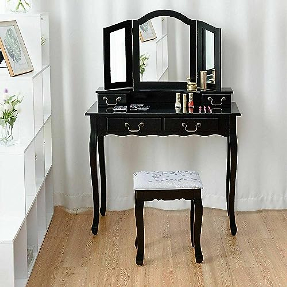 KJNS Vanity Set Makeup Dressing Table Tri Folding Mirror Stool 4 Drawers Black Vanity Desk Makeup Vanity Side Tables Bedroom Vanity Table Portable Desk Vanity Set