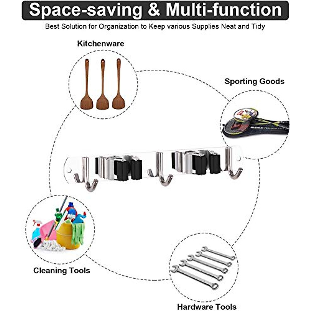 KLJ wall mounted Mop Broom Holder Wall Mount stainless steel，suitable for Home kitchen, bathroom, garage .with 2 shelves and 3 hooks