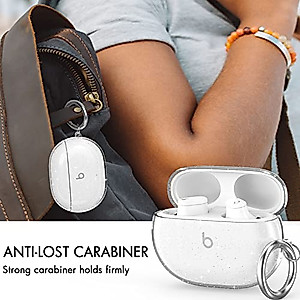 NIUTRENDZ Clear Case for Beats Studio Buds Case Soft TPU Protective Cover with Carabiner Compatible with Beats Studio Buds (Glitter Clear)