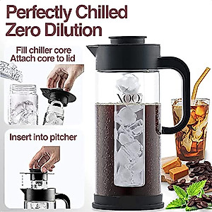 XOQ Cold Brew Coffee Maker + Chiller Kit + 50oz/1.5L Glass Cold Brew Maker - Iced Coffee Maker & Ice Tea Maker - Large Iced Coffee Pitcher for Fridge with Removable Stainless Steel Brewer Filter