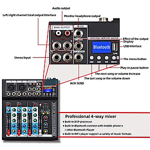 Boytone BT-34MX Professional Audio Mixer Sound Board Console System Interface 4 Channel Digital USB Bluetooth Digital MP3 Computer Input 48V Phantom Power Stereo DJ Studio Streaming FX processor