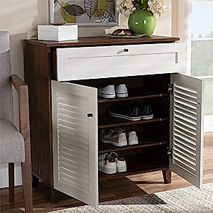 Baxton Studio Coolidge Modern and Contemporary White and Walnut Finished 4-Shelf Wood Shoe Storage Cabinet with Drawer