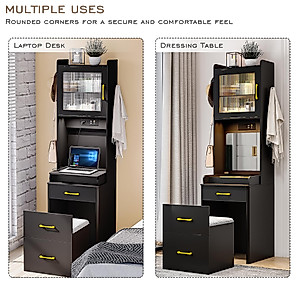 JDPAG 3-in-1 Vanity Desk with Mirror and Lights, Makeup Vanity Table with Cushioned Stool, Compact Dressing Table Writing Desk for Small Spaces, Vanity Set for Bedroom