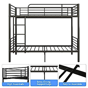 Alohappy Metal Bunk Bed Twin Over Twin, Twin Bunk Beds with Removable Ladder and Safety Guard Rail, 13.8” Under Bed Storage Space, No Box Spring Needed, Easy to Climb, Industrial Style(Black)