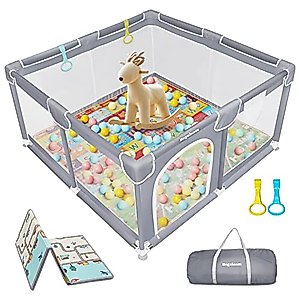 Regaloam Baby Playpen for Babies and Toddlers with Mat, 50 * 50inch Baby Playpen with Mat, Sturdy Safe Baby Play Yard with Soft Breathable Mesh, Play Pins with 2 Pulling Rings and Portable Bag