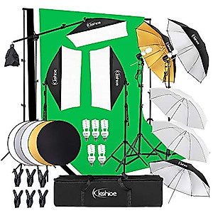 Kshioe Photography Lighting Kit, 6.5x10feet/2x3m Backdrops Stand Support System, 5 in 1 reflectors, 1600w 5500k Umbrellas Softbox Continuous Lighting Kit for Portrait, Product and Video Shooting