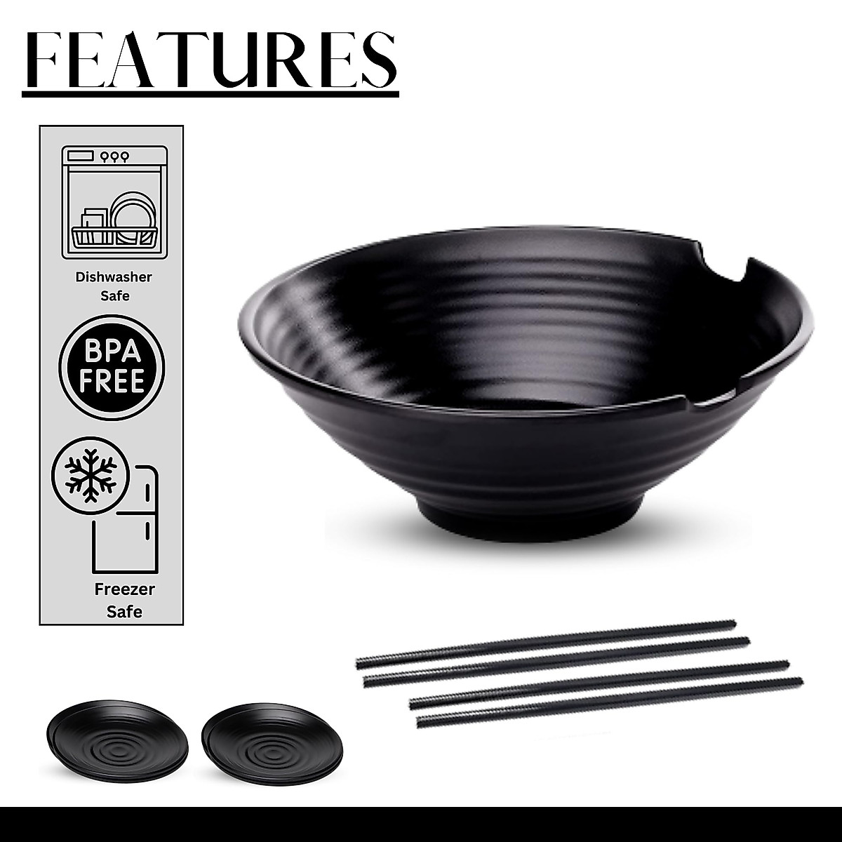 MORGY Unbreakable Set of 2 Ramen Bowls with chopsticks and Spoons- 42 OZ Japanese Style Black Noodle Soup Bowls Set- Asian Soup Bowl for Ramen, Pho, Salad, Poke, Soup, Chopstick Holders