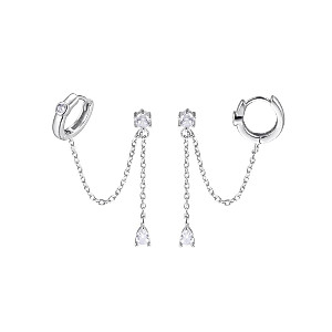 SLUYNZ 925 Sterling Silver Double Piercing Earrings Huggie Cuff Droplet Chain for Women Teens Double Holes Dangle Earrings Cartilage Helix Piercing Earrings Chain (A-Silver)