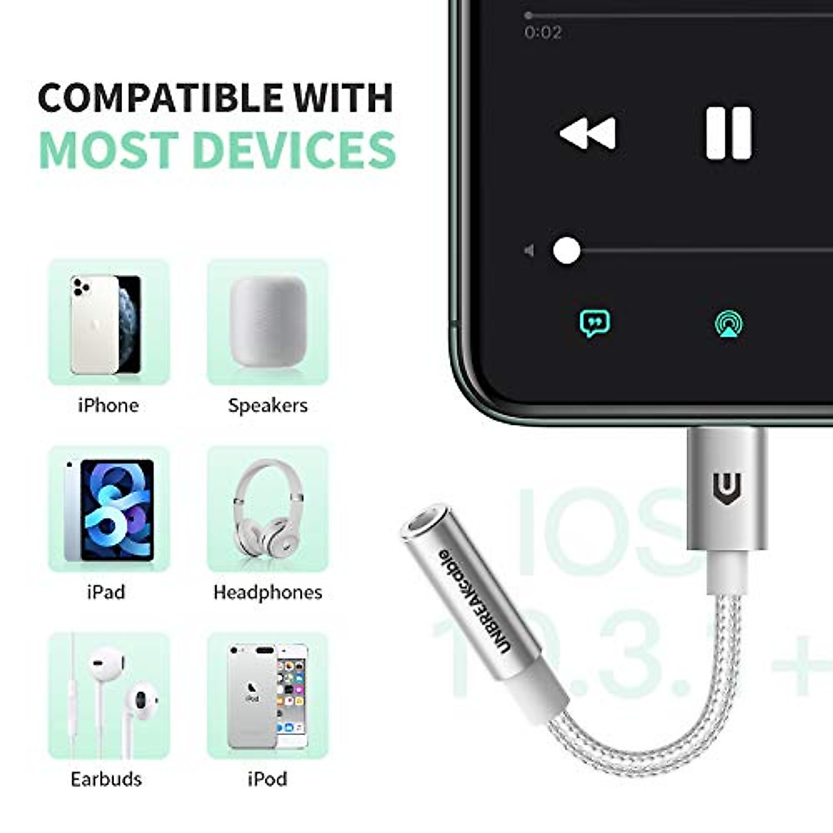 UNBREAKcable Headphones Adapter for iPhone, MFi Certified Lightning to 3.5mm Jack Converter with Newest Apple Original Chip Compatible for iPhone 14/13/12/11/Pro/SE/Xs MAX/XR/X/8/iPad/iPod - Silvery