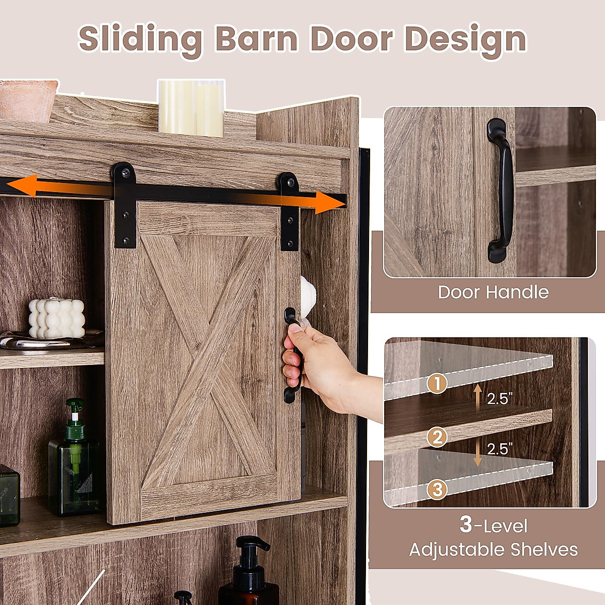 Giantex Over The Toilet Storage Cabinet - Freestanding Bathroom Organizer Rack with Adjustable Shelf, Sliding Barn Door, Paper Holder, Bathroom Space Saver, Above Toilet Storage Cabinet (Grey)