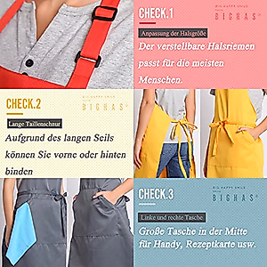 BIGHAS Adjustable Bib Apron with Pocket Extra Long Ties for Women Men, 18 Colors, Chef, Kitchen, Home, Restaurant, Cafe, Cooking, Baking (White)