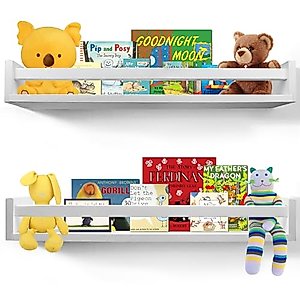 Lixintray Nursery Book Shelves Set of 2, 24inch Floating Bookshelf Natural Solid Wood Book Shelf for Kids Room Nursery Room, Wall Mounted Shelves Bedoom Bathroom Toy Kitchen and Decor Storage