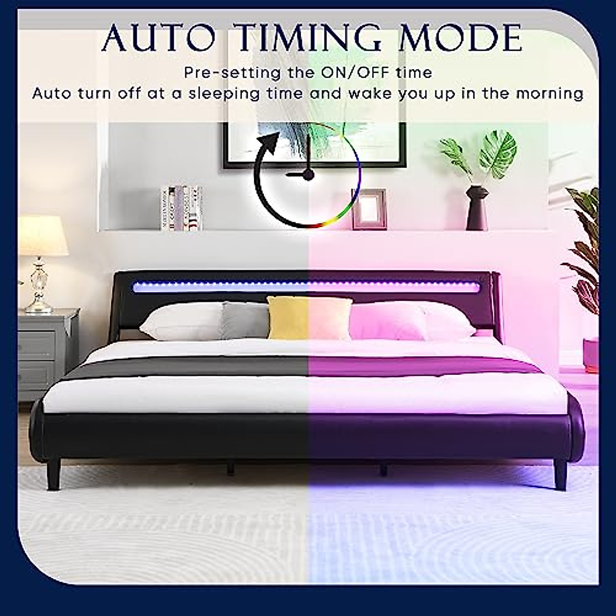 Gustonhon King Size Modern Upholstered Platform Bed Frame with RGB LED Lights Leather Headboard,Faux Leather Wave-Like Low Bed Frame,Strong Wood Slats Support, Easy Assembly(Black, King)