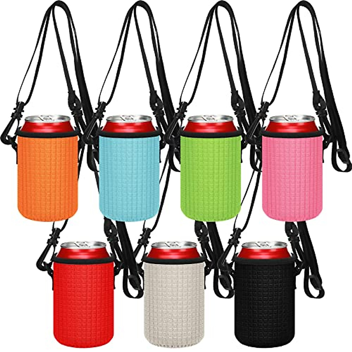 Dingion 7 Pieces 12oz Standard Can Sleeves with Shoulder Strap Covers Slim Insulated Beer Holder Non Slip Neoprene Colored Thermocoolers Insulators for Drink Beverage Cup, Colors
