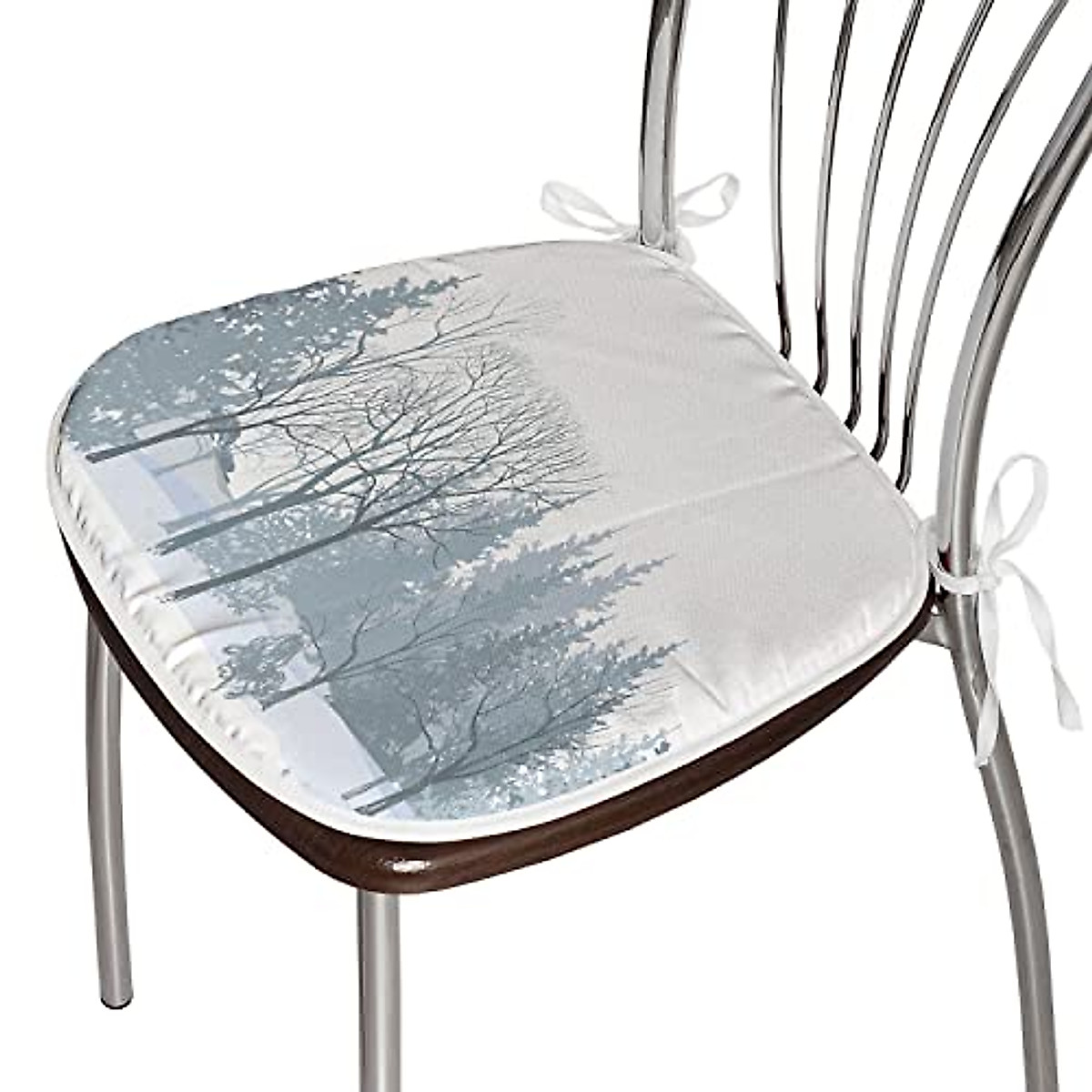 Lunarable Dusty Blue Chair Pad Set of 2, Christmas Theme Snowy Forest Elements Winter Season Landscape, Water Resistant Pillow with Ties Dining Room Kitchen, 15" x 15", Grey Teal Blue Grey