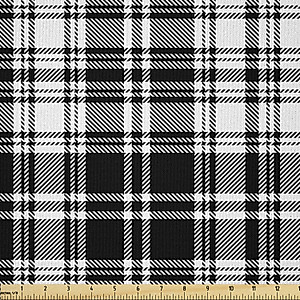 Lunarable Plaid Fabric by The Yard, Monochrome Style Vintage English Stripes and Checks Pattern Abstract Grunge Look, Microfiber Fabric for Arts and Crafts Textiles & Decor, 1 Yard, Black and White