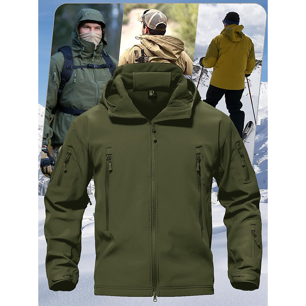 TACVASEN Men Winter Waterproof Snowboard Softshell Parka Jacket Tactical Hoodie Rain Jackets Fleece Lined Mutil-pockets Ski Coats Army Green M