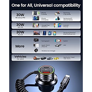 USB C Car Charger, 60W Super Fast Car Charger PD & QC 3.0 with 30W Type C Coiled Cable, Car Phone Charger for iPhone 15 Series/Samsung Galaxy S23-S21/iPhone 14-8/Google Pixel/LG/Android/iPad/MacBook