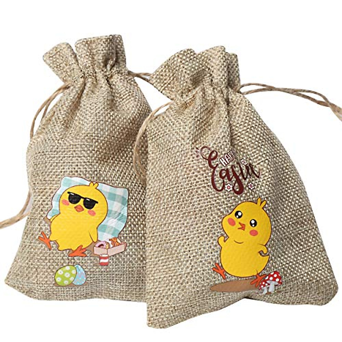 DIYASY 36 Pcs Easter Burlap Goody Bags,Egg Bunny Chick Treat Drawstring Linen Bags for Easter Party Favor.