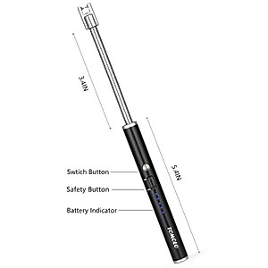 TOMOLO Electric Rechargeable Candle Lighter Grill Lighter Arc Lighter with Flexible Neck, LED Battery Display Safety Switch for Candle Camping Cooking BBQs Fireworks (Black&Silver)