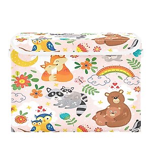 Lidded Home Storage Bins Cute Bunny in The Garden Pattern Double Handle Foldable Storage Basket Flip-Top Storage Box for Toys Clothes Documents