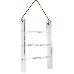 Patelai 3-Tier Mini Wall-Hanging Hand Towel Ladder with Rope Decorative Wooden Bathroom Towel Rack Ladder and Hook for Farmhouse Room Decor (Vintage White)