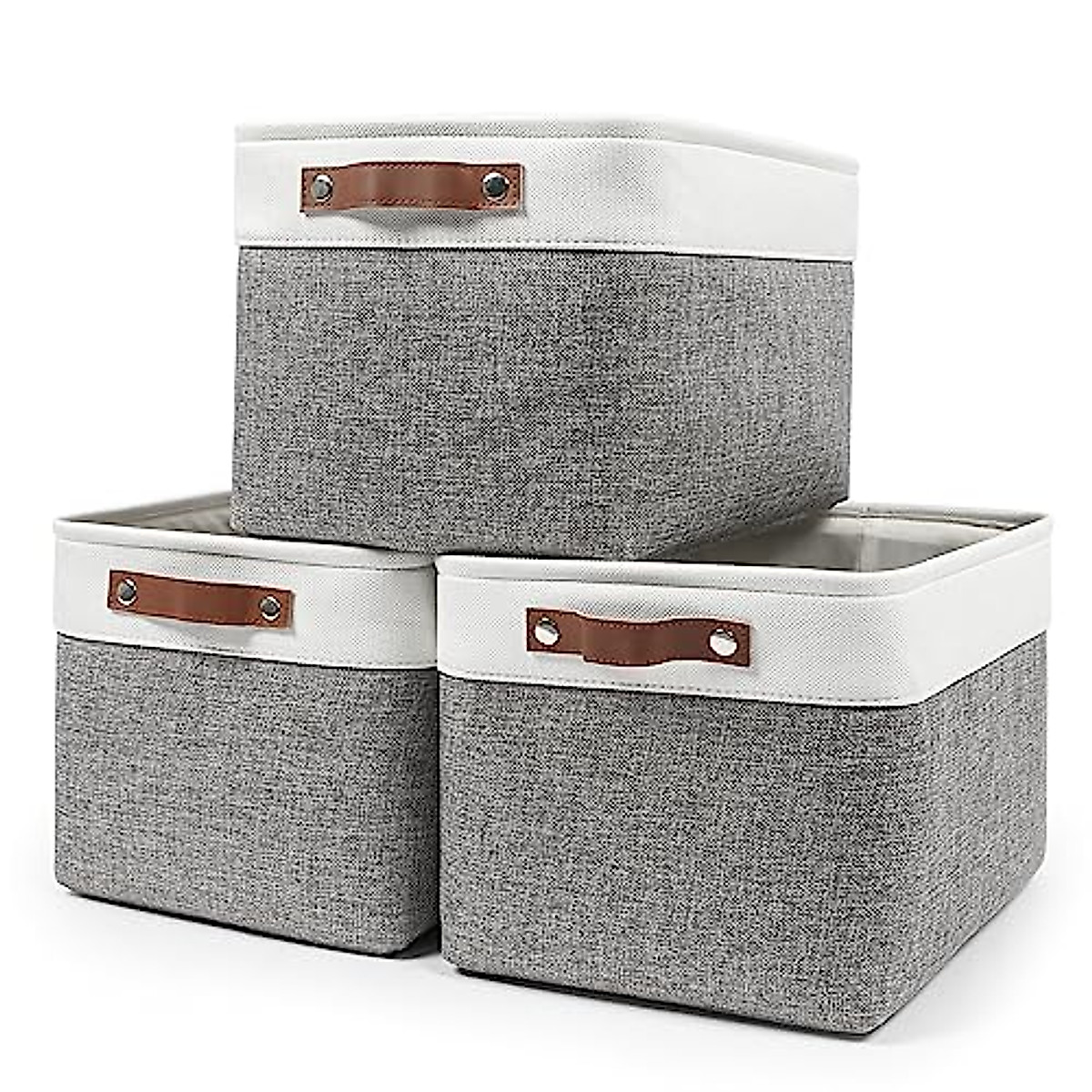 Bagnizer Storage Bins Large Fabric Storage Baskets for Shelves 3 Pack, Decorative Linen Closet Baskets with Handles for Organizing, Shelf, Toys, Clothes, Home, Office, Nursery, 15x11x9.5Inches (Grey&White)