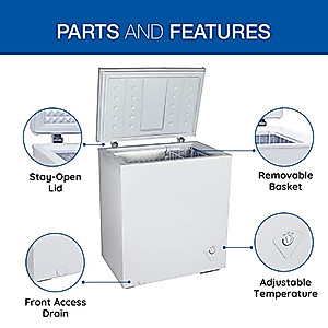 Koolatron Compact Chest Freezer, 5.5 cu ft (155L), White, Manual Defrost Deep Freeze, Storage Basket, Space-Saving Flat Back, Stay-Open Lid, Front-Access Defrost Drain, for Apartment, Condo, Cottage