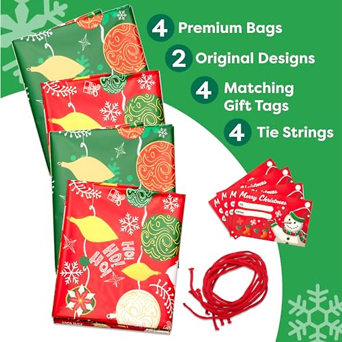 Set of 4 Extra Large Christmas Gift Bags - 36"x44" Jumbo Gift Wrapping Sacks for Huge Presents