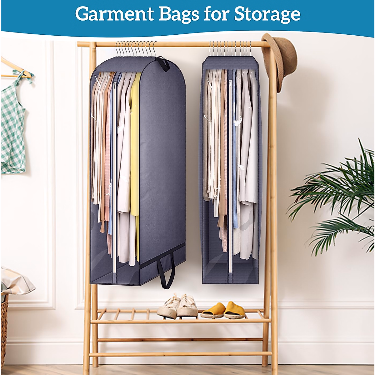 KIMBORA 10" Gusseted Clear Garment Bags for Hanging Clothes Storage, 43" Suit Bags for Closet Storage with Handles, Garment Covers for Coats, Jackets, Sweaters (2 Packs, Grey)