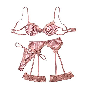 SOLY HUX Womens Sexy Lingeries Exotic Garter Belt Set Floral Lace Bra and Panty 4 Pieces Set Dusty Pink S