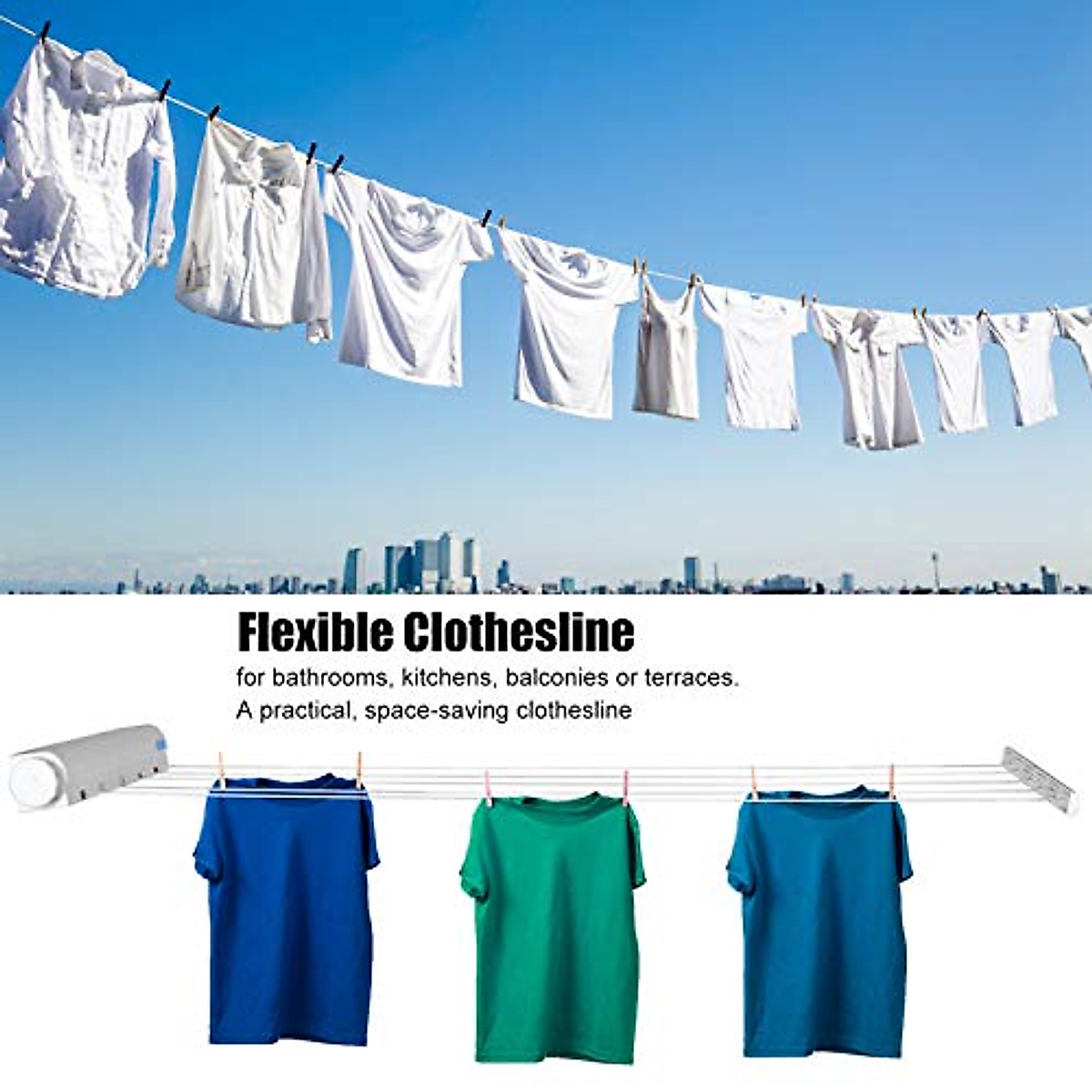 Spring Automatic Clothesline Drying Rack with Hooks, Perforated Installation Telescopic Retractable Clothesline, Can Bear a Load of About 8kg/282.2oz