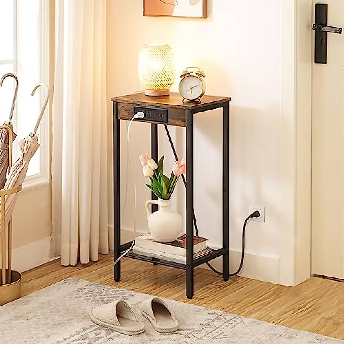 HOOBRO Set of 2 Tall Side Table with Charging Station, 28.7" H Industrial Telephone End Table, Small Entryway Table, Tall Bedside Table for Living Room, Hallway, Bedroom, Rustic Brown BF08UDHP201