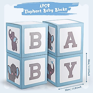 Epakh 4 Pcs Elephant Baby Boxes for Baby Shower Decoration with 4 Pcs Baby Shower Party Boxes Elephant Printed Baby Blocks for Baby Boy Shower, Happy Birthday Decorations, Gender Reveal Party(Blue)