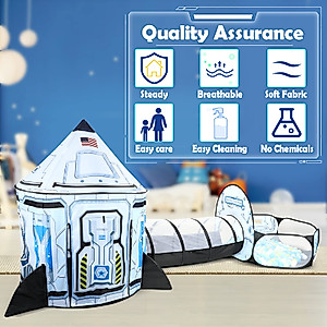 Senodeer Rocket Ship Kids Play Tent: 3Pcs Toddlers Pop Up Ball Pit and Play Tunnel for Indoor Outdoor, Spaceship Baby Playhouse Toys for 1-3 Year Old Boys Girls (3 in 1 Kids Tent)