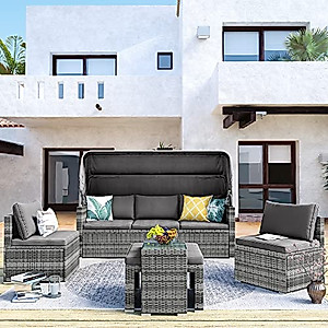EMKK 5 Pieces Outdoor Patio Sofa Set Rattan Daybed,Sectional PE Wicker Conversation Furniture w/Canopy and Tempered Glass Side Table, C-Gray