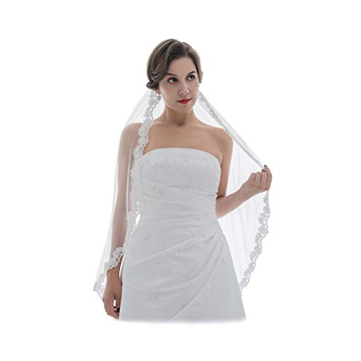 SAMKY 1T 1 Tier Floral Scallop Embroided Lace Pearl Veil - White Fingertip Length 36" V470