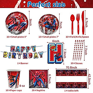 Spider Party Supplies Superhero Birthday Set, Including Plate, Napkin, Cup, Knife Fork, Spoon, Tablecloth、Straws and Pull flags， Spider Birthday Decorations For Boys and Girls